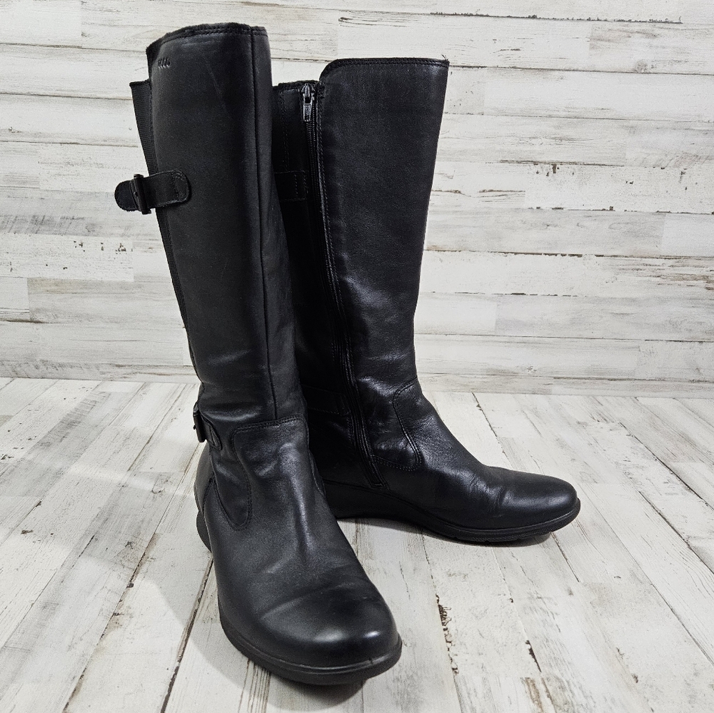 Ecco Babett Wedge Gtx Black Leather Buckle Boots - Gem